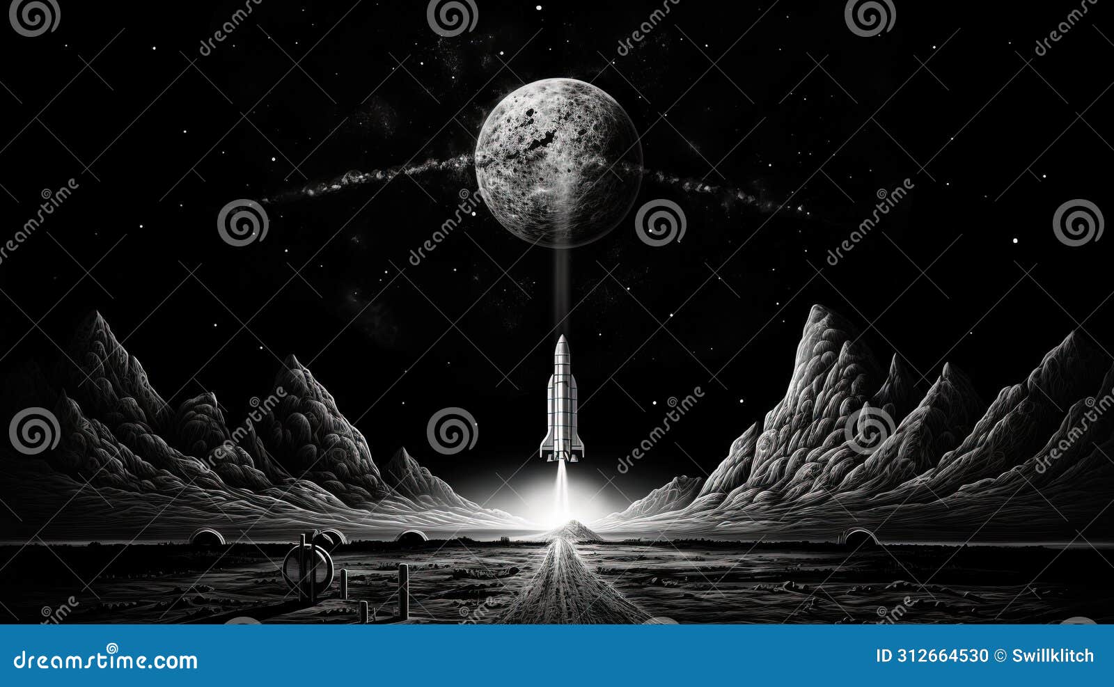 Rocket Launch Scene in Retro Black and White Style. Rocket Take Off ...