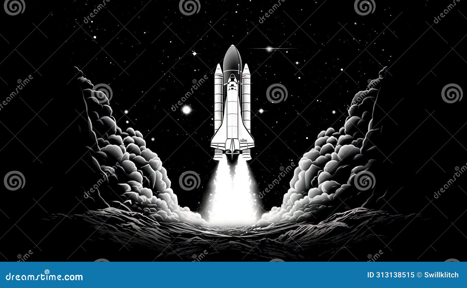 Rocket Launch Scene in Retro Black and White Style. Rocket Take Off ...