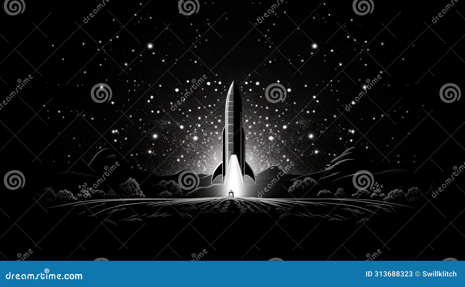 Rocket Launch Scene in Retro Black and White Style. Rocket Take Off ...