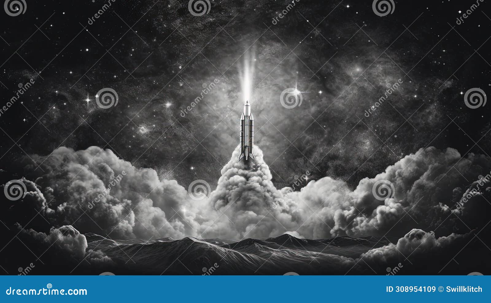 Rocket Launch Scene in Retro Black and White Style. Rocket Take Off ...