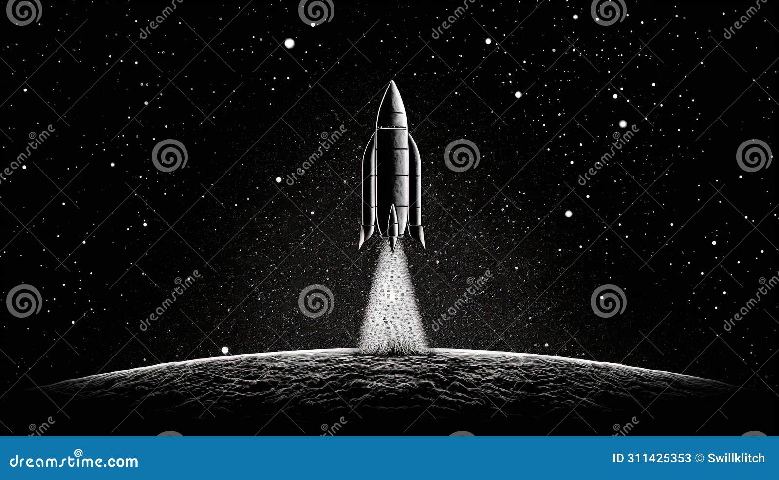 Rocket Launch Scene in Retro Black and White Style. Rocket Take Off ...