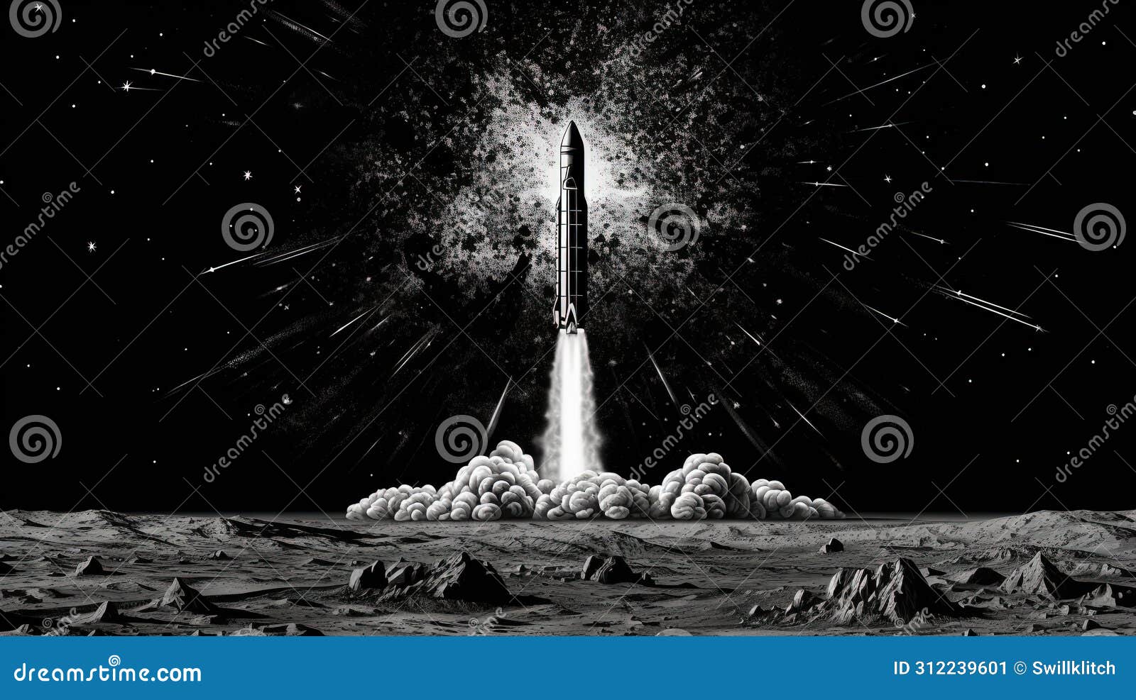 Rocket Launch Scene in Retro Black and White Style. Rocket Take Off ...