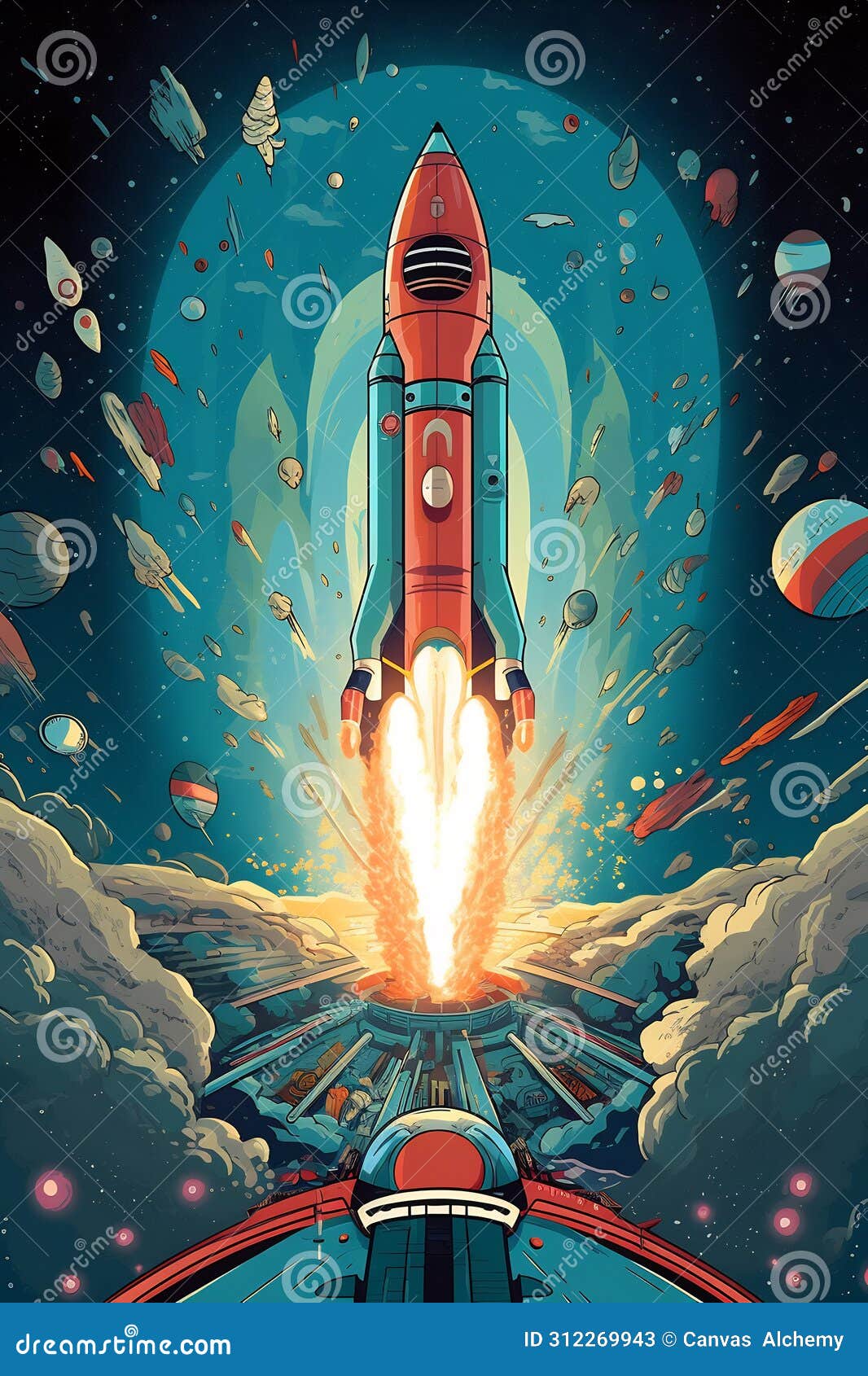 Rocket Launch, Ship, 2d Illustration Stock Image - Image of retro ...