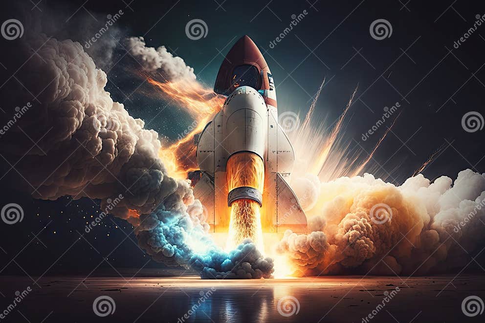 Rocket Launch, with Smoke and Flames Billowing from the Engine Stock ...