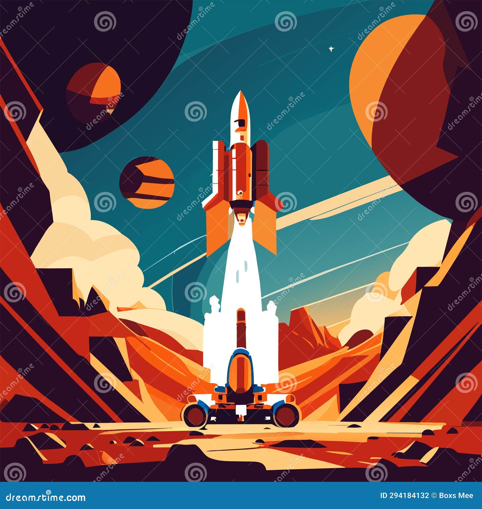 Rocket Launch into Space. Vector in Flat Cartoon Style. Space ...