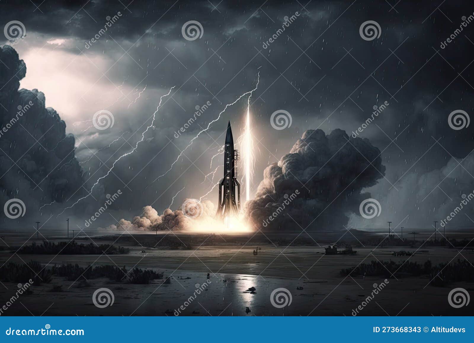 Rocket Launch into Stormy Sky, with Lightning and Thunder Stock ...