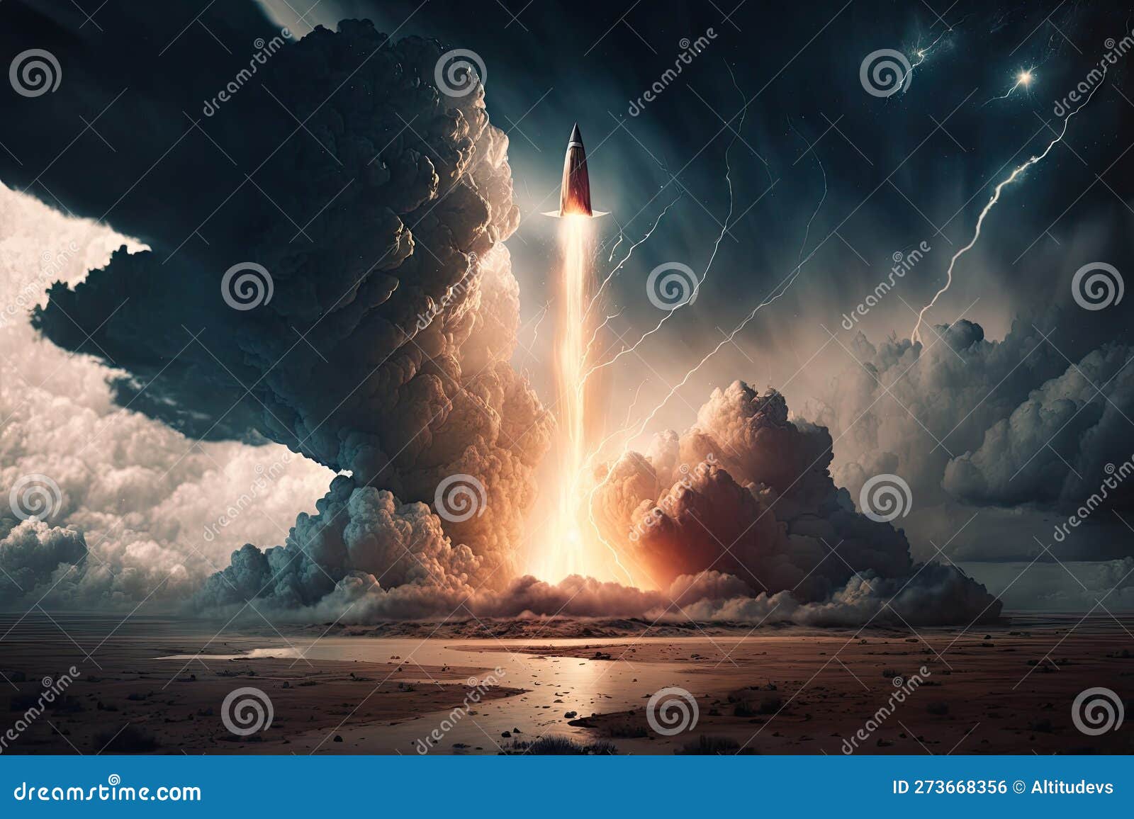 Rocket Launch into Stormy Sky, with Lightning and Thunder Stock ...