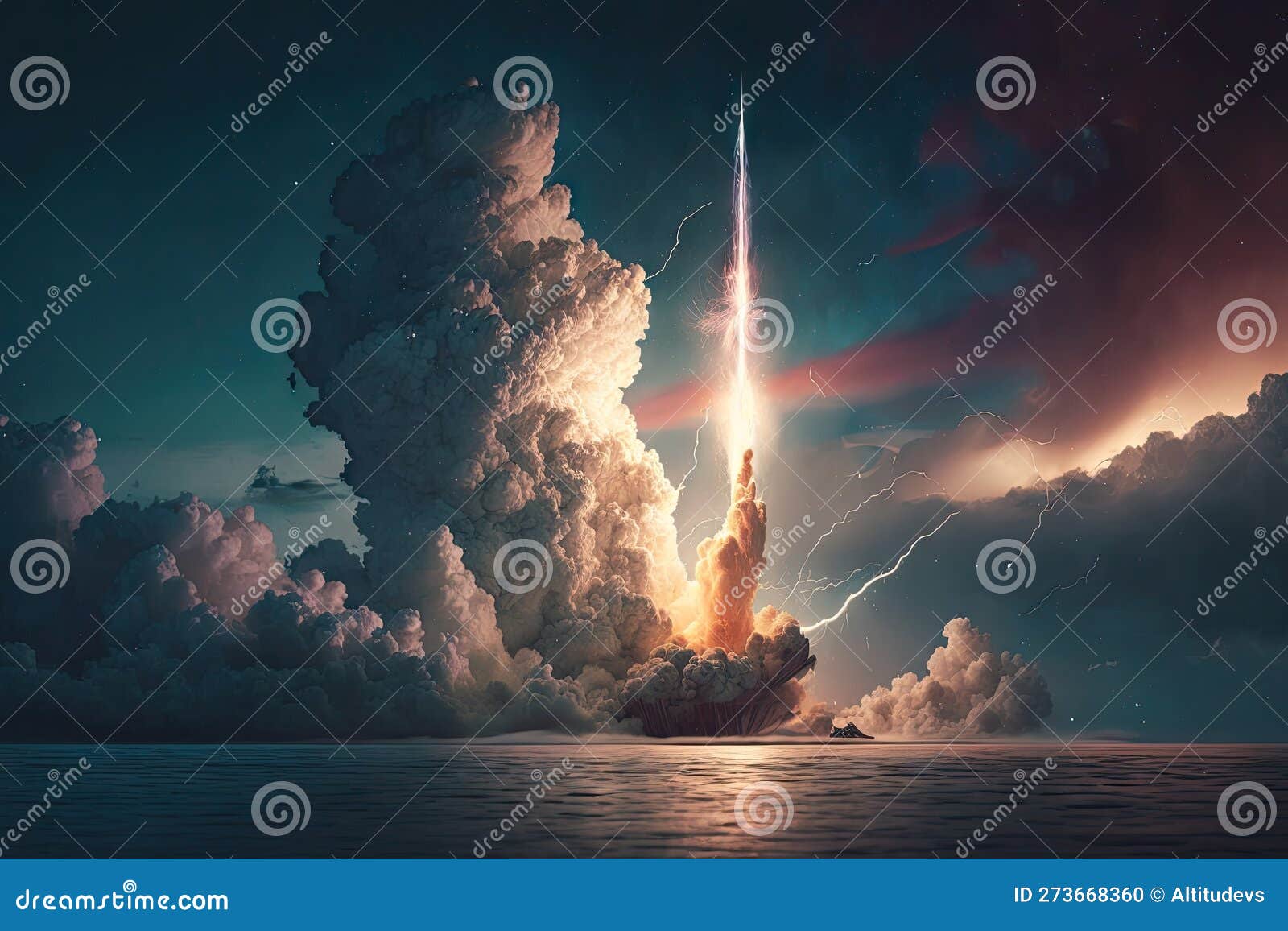 Rocket Launch into Stormy Sky, with Lightning and Thunder Stock Photo ...