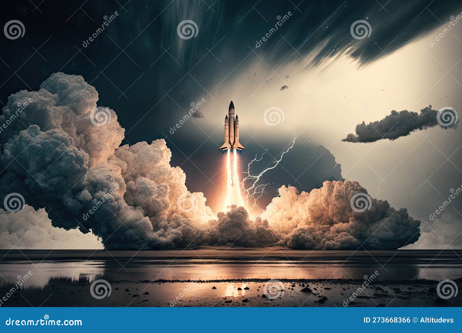Rocket Launch into Stormy Sky, with Lightning and Thunder Stock ...
