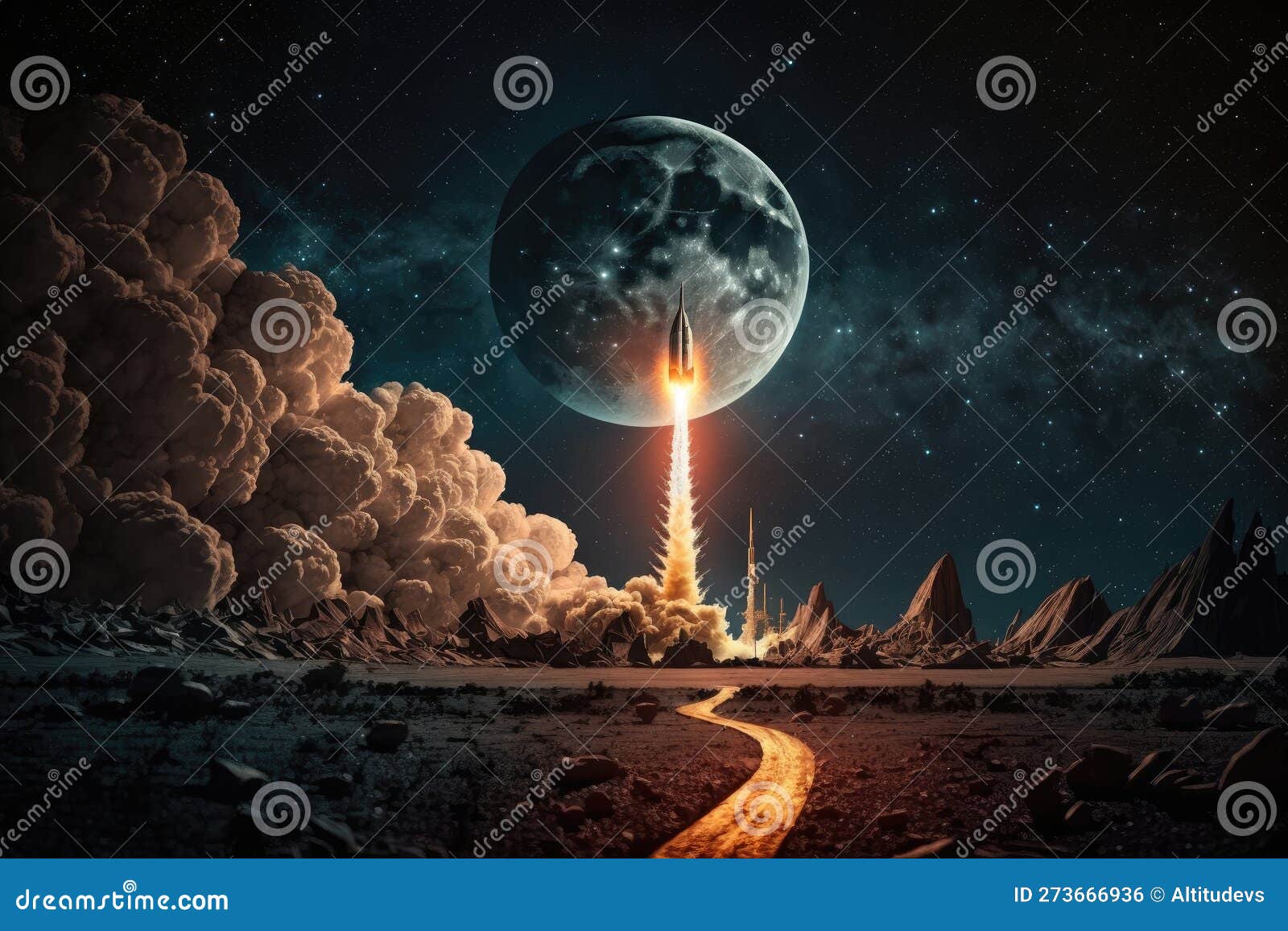 Rocket Launch, with Stunning View of the Moon in the Night Sky Stock ...