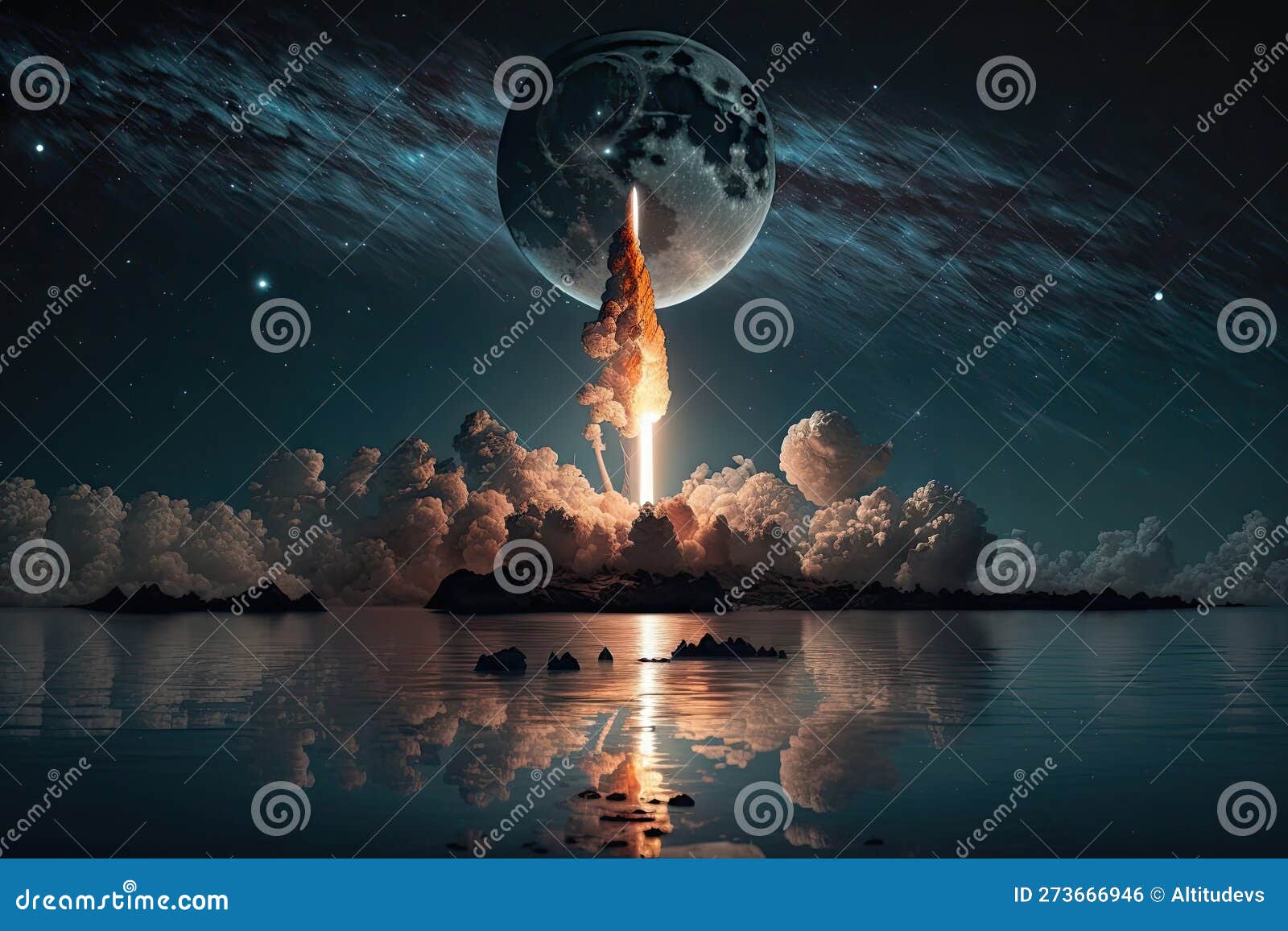 Rocket Launch, with Stunning View of the Moon in the Night Sky Stock ...