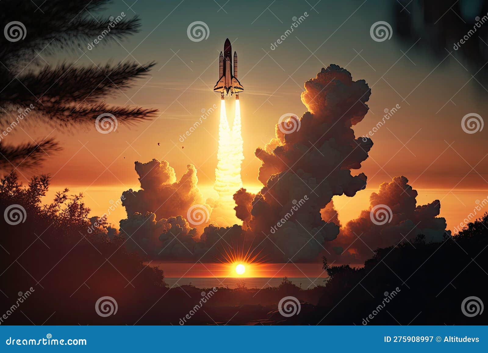 Rocket Launch, with the Sun Setting Behind it Stock Illustration ...