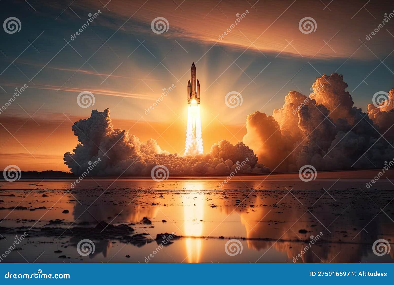 Rocket Launch, with the Sun Setting Behind it Stock Illustration ...