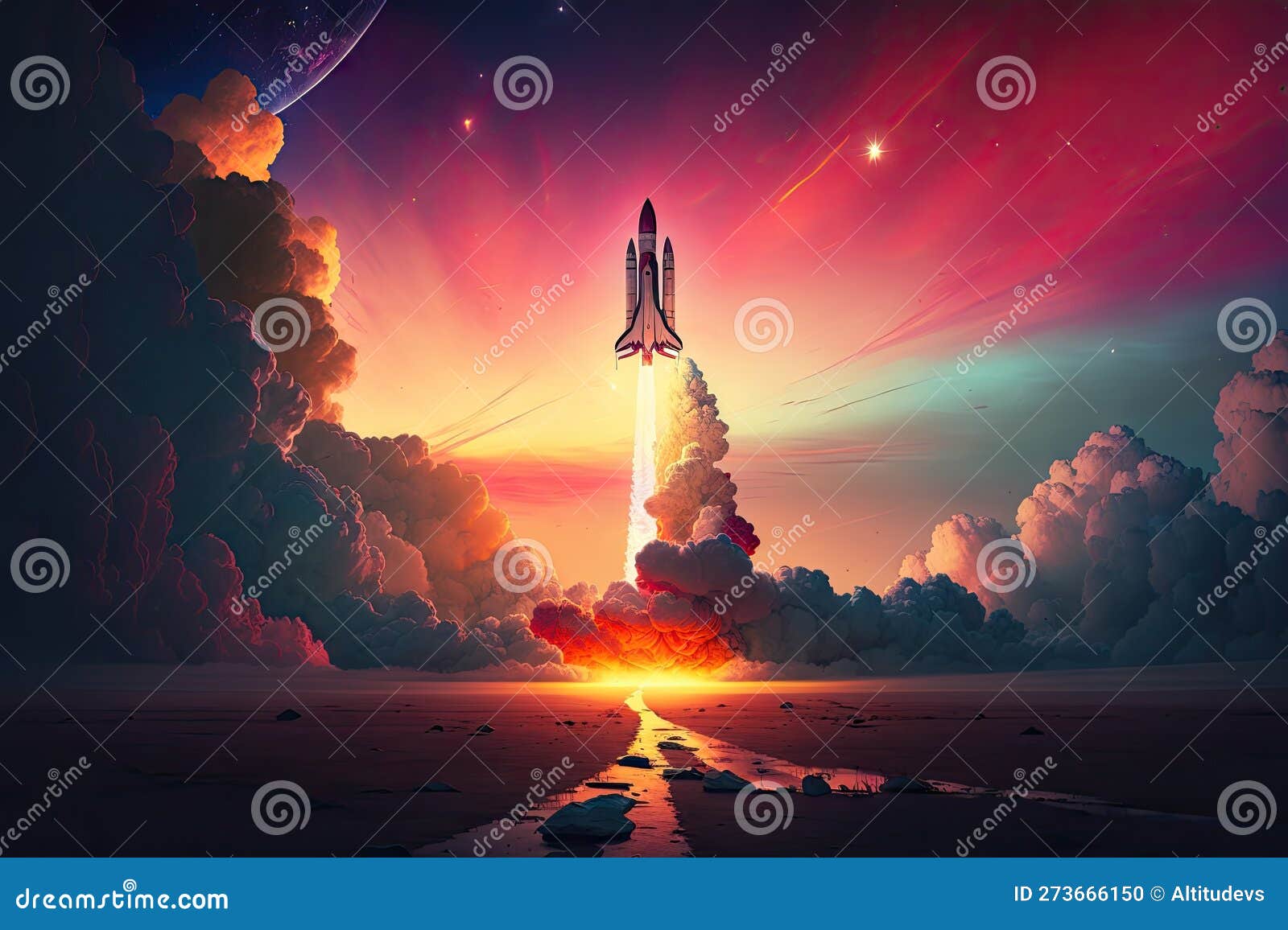 Rocket Launch with Sunrise Backdrop, Creating Colorful Sky Scene Stock ...