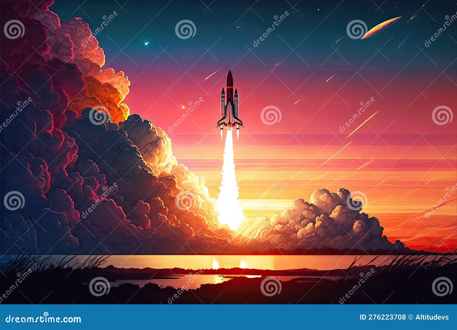 Rocket Launch with Sunrise Backdrop, Creating Colorful Sky Scene Stock ...