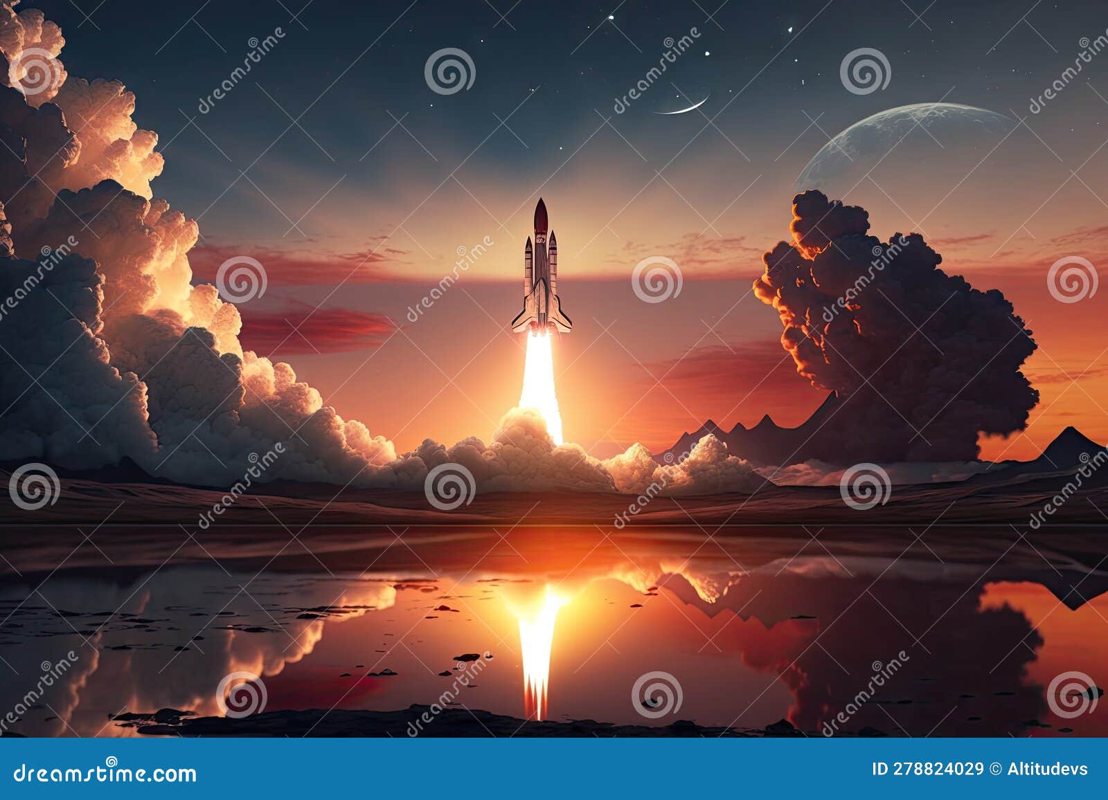 Rocket Launch into Sunset, with the Sun Setting Over a Majestic ...