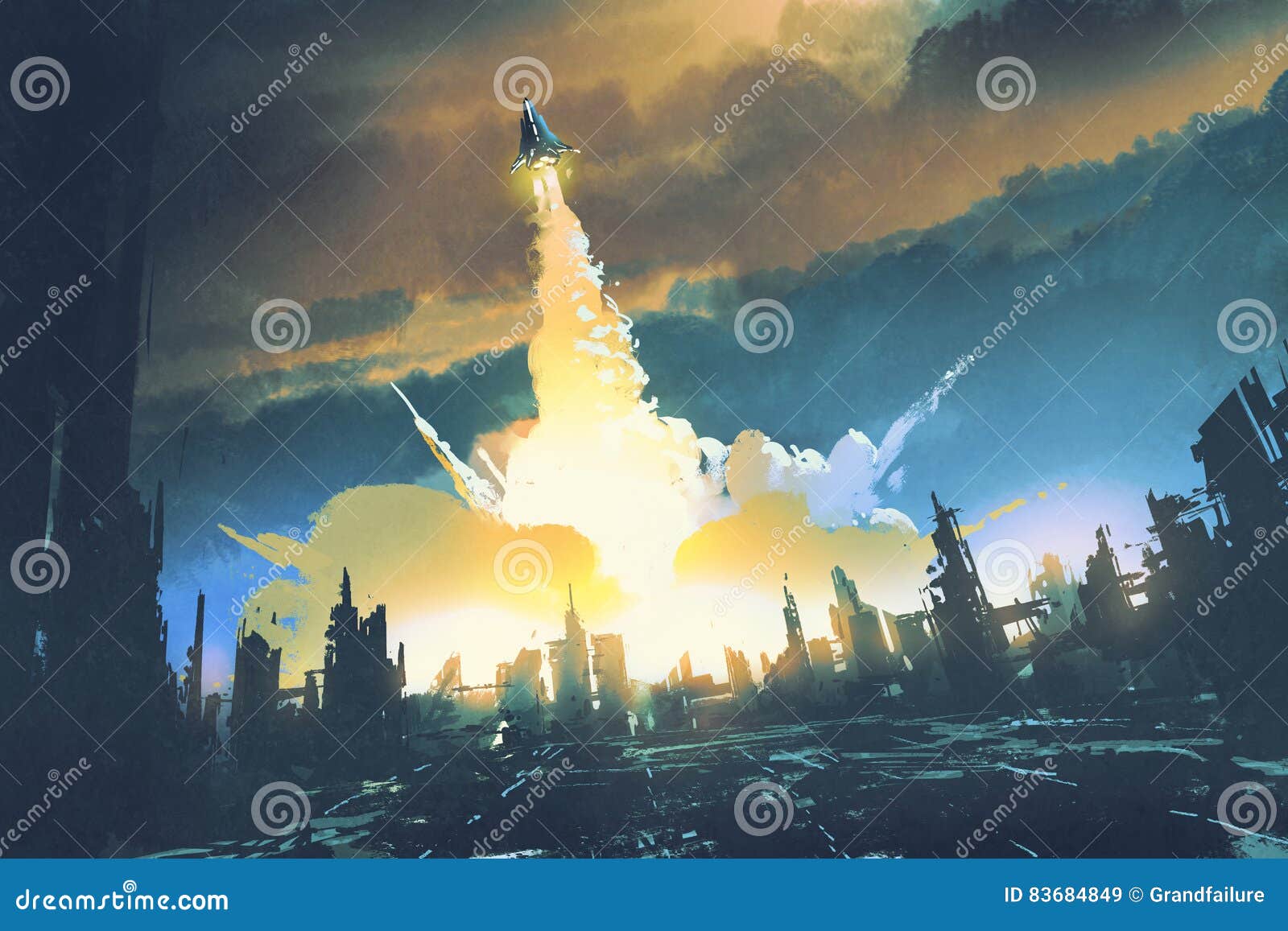 Rocket Launch Take Off from an Abandoned City,sci-fi Concept Stock ...