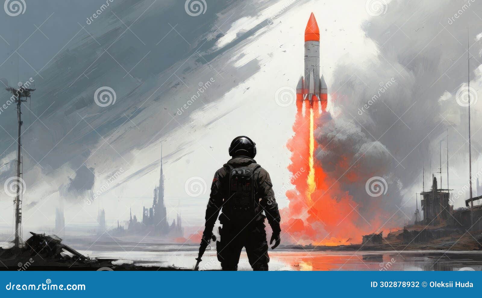 Rocket Launch Take Off from an Abandoned City, Sci-fi Concept Stock ...