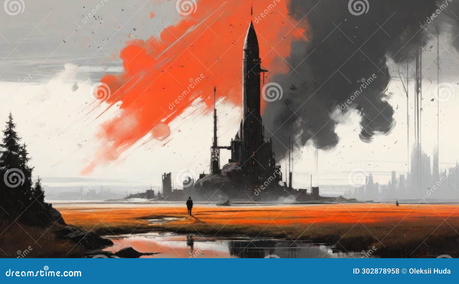 Rocket Launch Take Off from an Abandoned City, Sci-fi Concept Stock ...