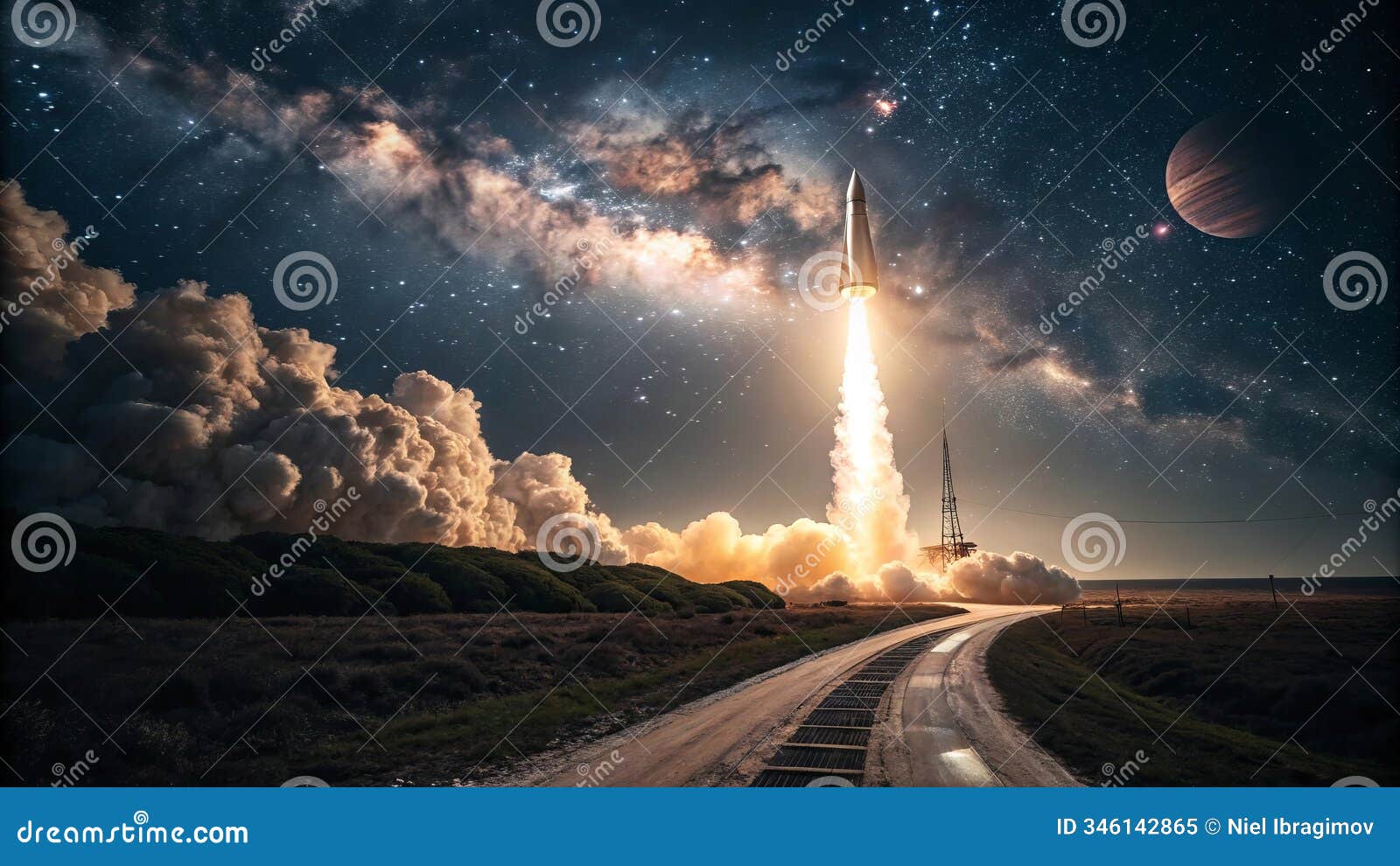 Rocket Launch Under a Starry Sky with Scenic Milky Way and Distant ...