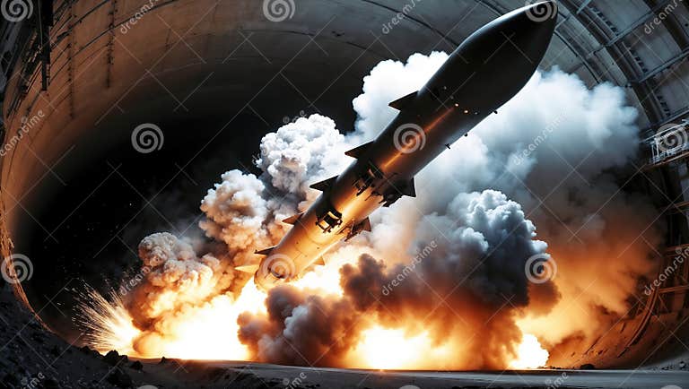 Rocket Launch in Underground Tunnel with Explosive Fire and Smoke Stock ...