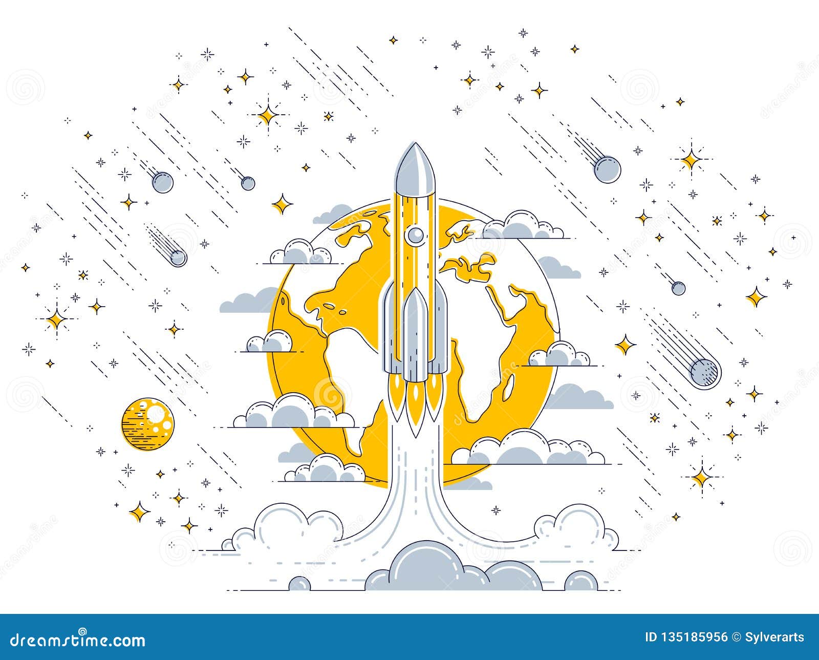 Rocket Launch into Undiscovered Space with Planet Earth in Background ...