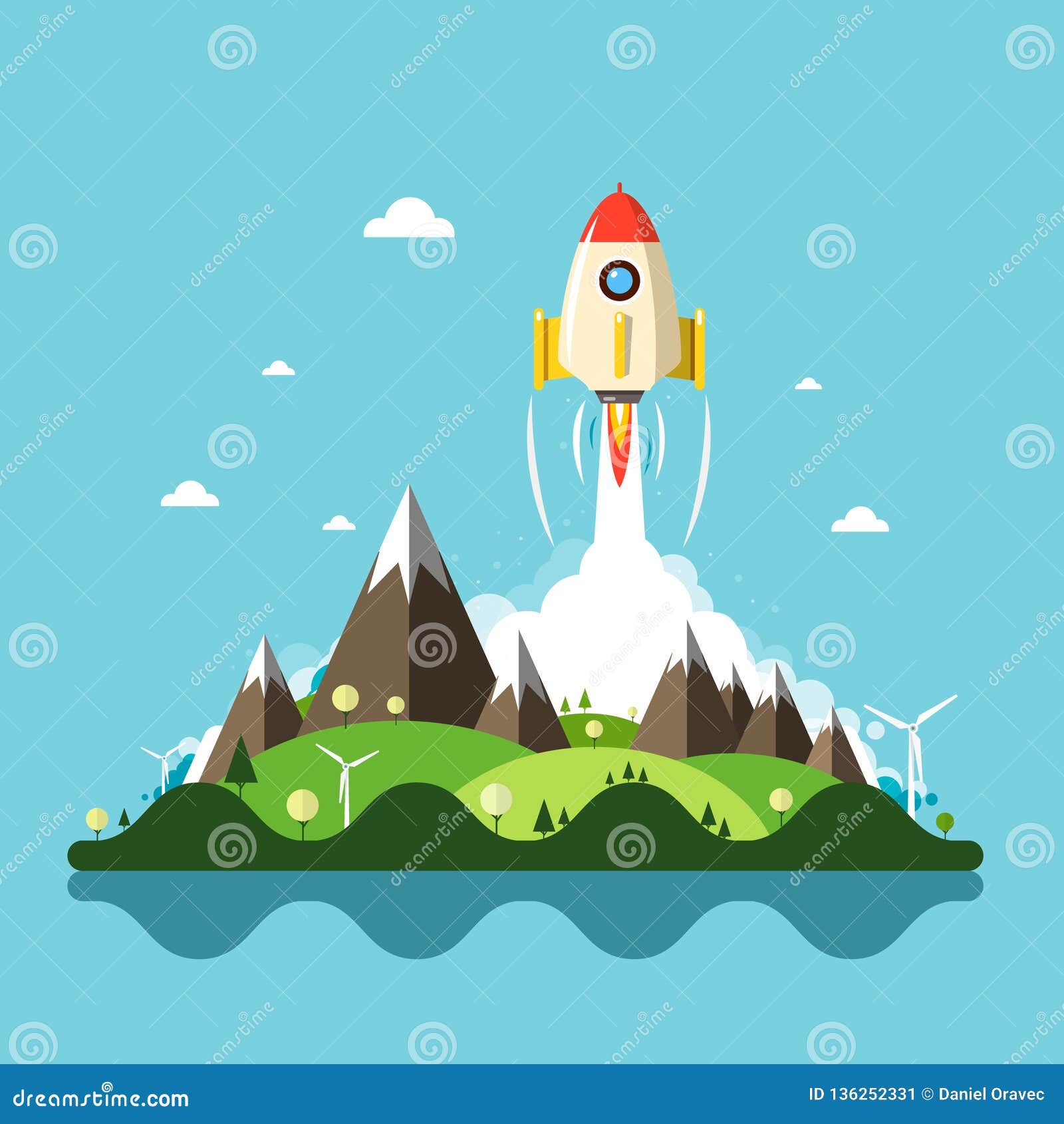 Rocket Launch with Vector Landscape Stock Vector - Illustration of ...