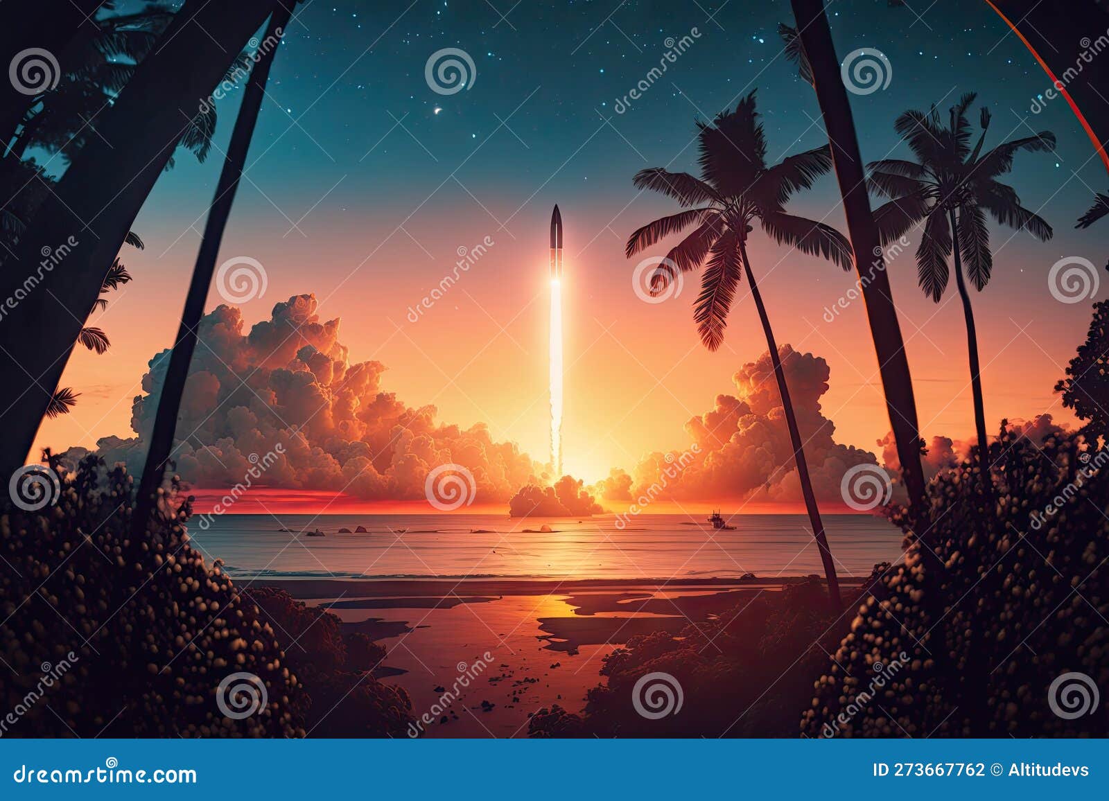 Rocket Launch into View of Beautiful Sunset, with Tropical Sky and ...