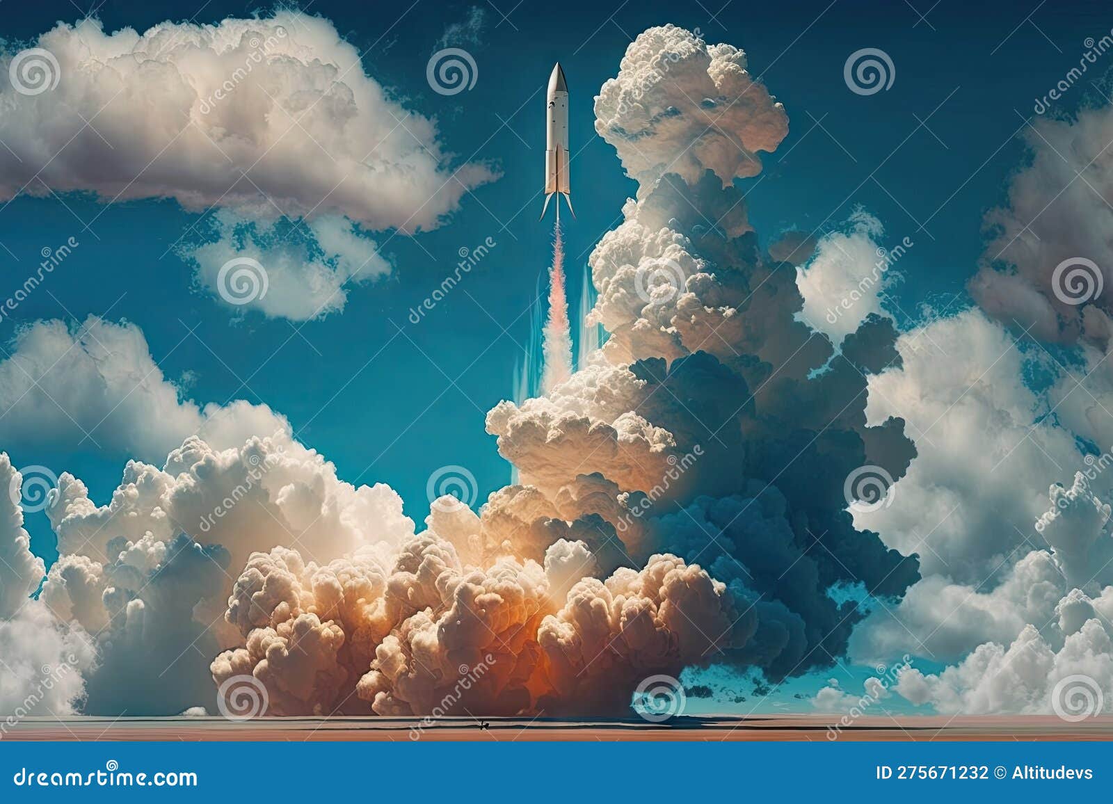 Rocket Launch with View of the Bright, Blue Sky and Fluffy Clouds Stock ...