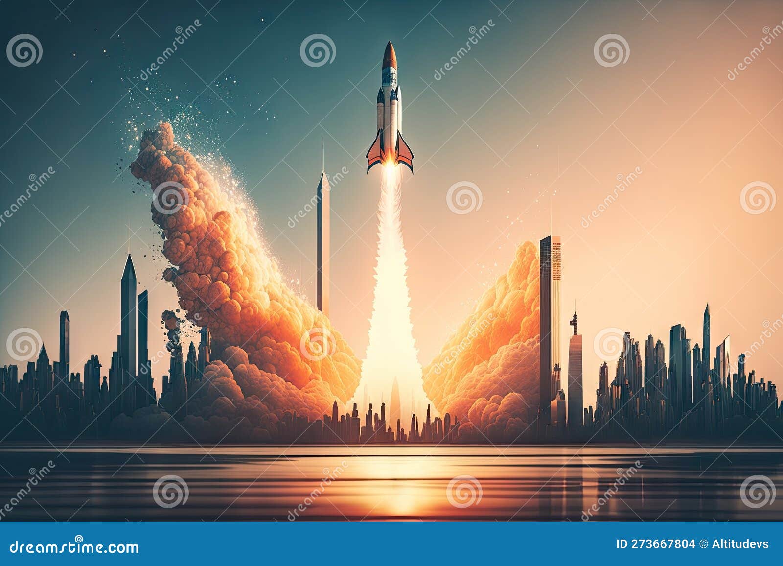Rocket Launch with View of City Skyline, with the Rocket Climbing into ...