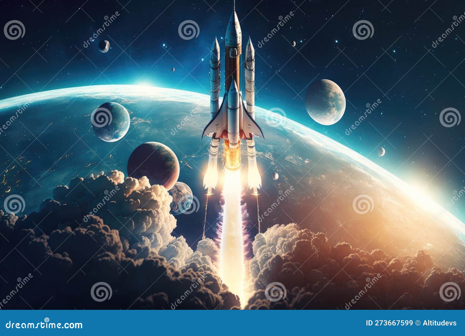 Rocket Launch, with View of the Earth Below, and Celestial Bodies in ...
