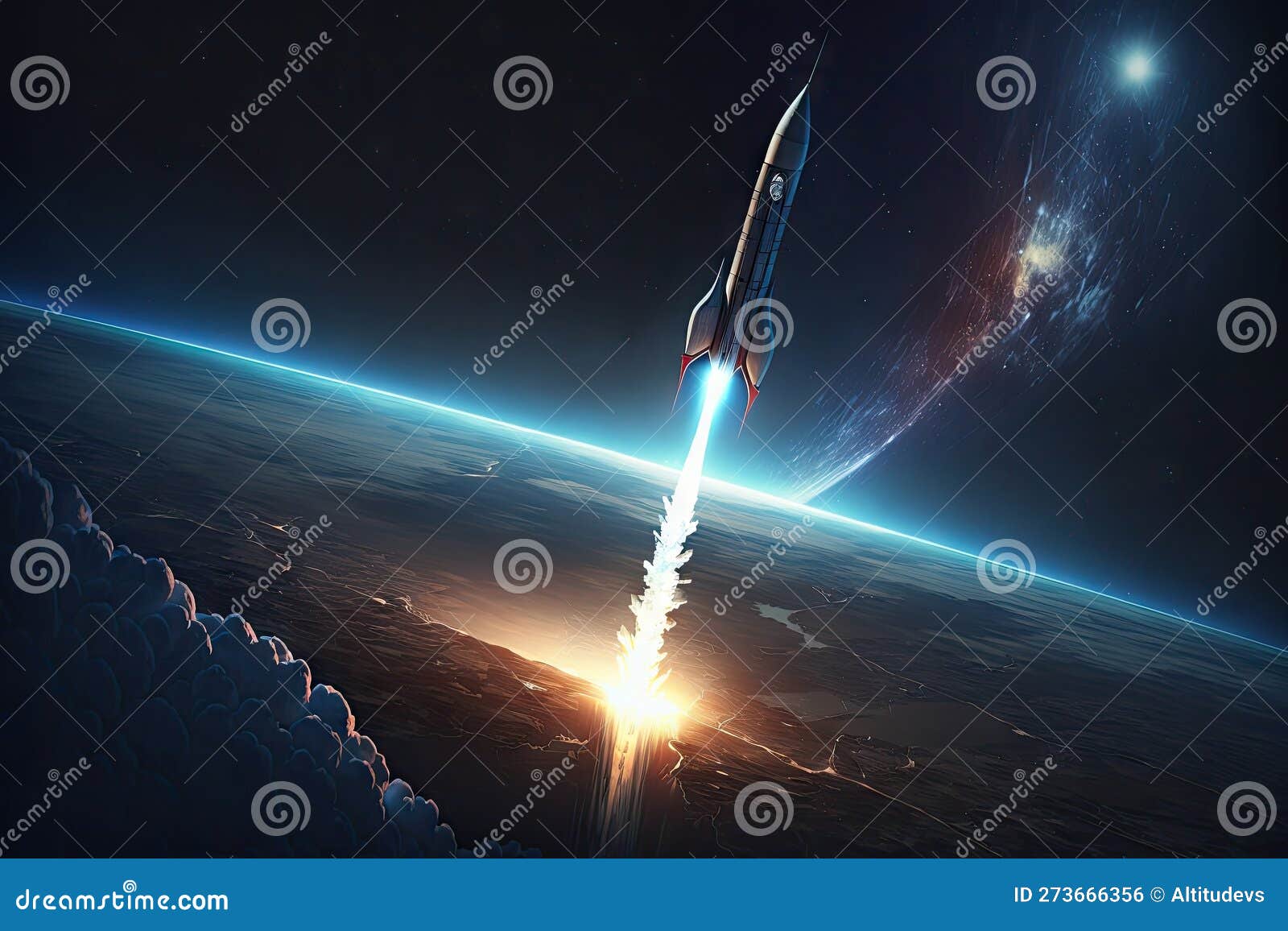 Rocket Launch, with View of the Earth Below, and Stars in the Night Sky ...