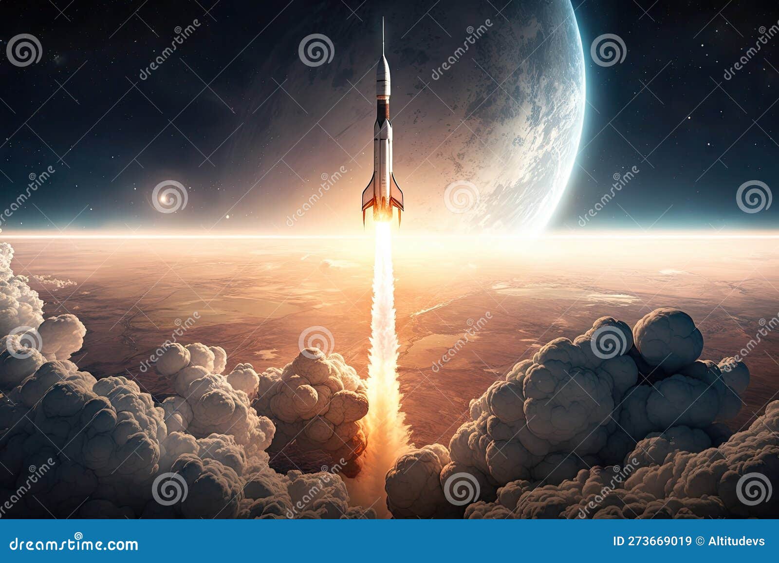 Rocket Launch, with View of the Earth and Its Atmosphere Visible in the ...
