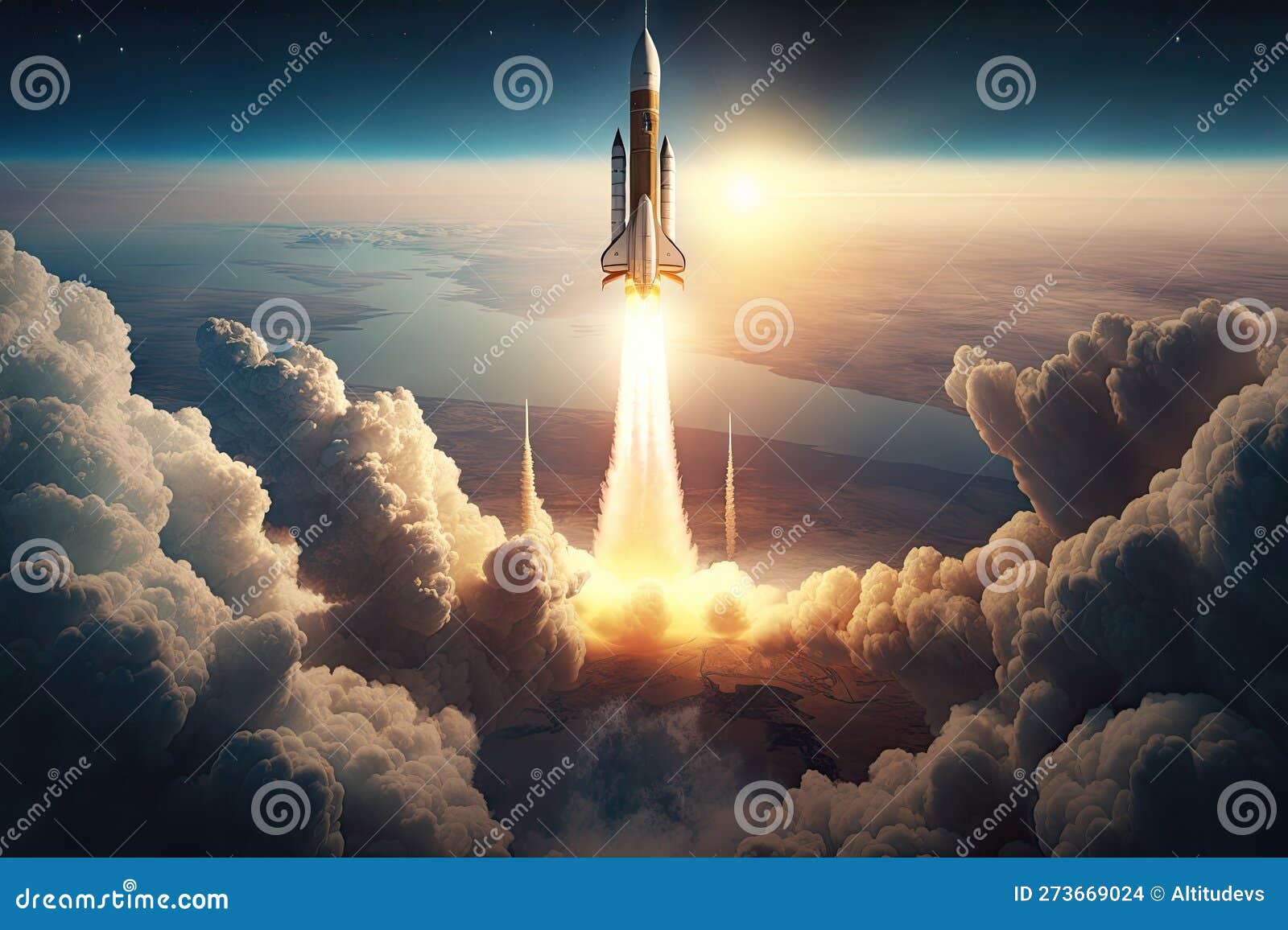 Rocket Launch, with View of the Earth and Its Atmosphere Visible in the ...