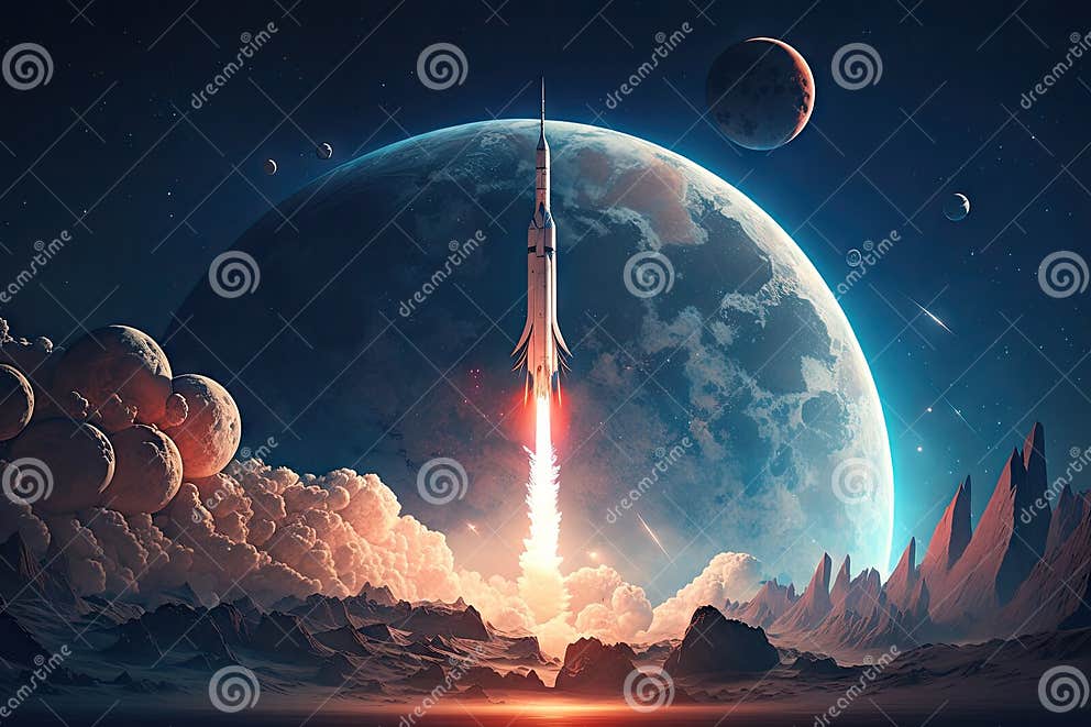 Rocket Launch, with View of the Earth and Moon in the Background Stock ...