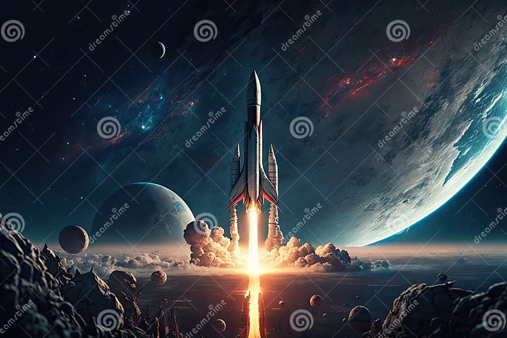 Rocket Launch, with View of the Earth and Stars in the Background Stock ...