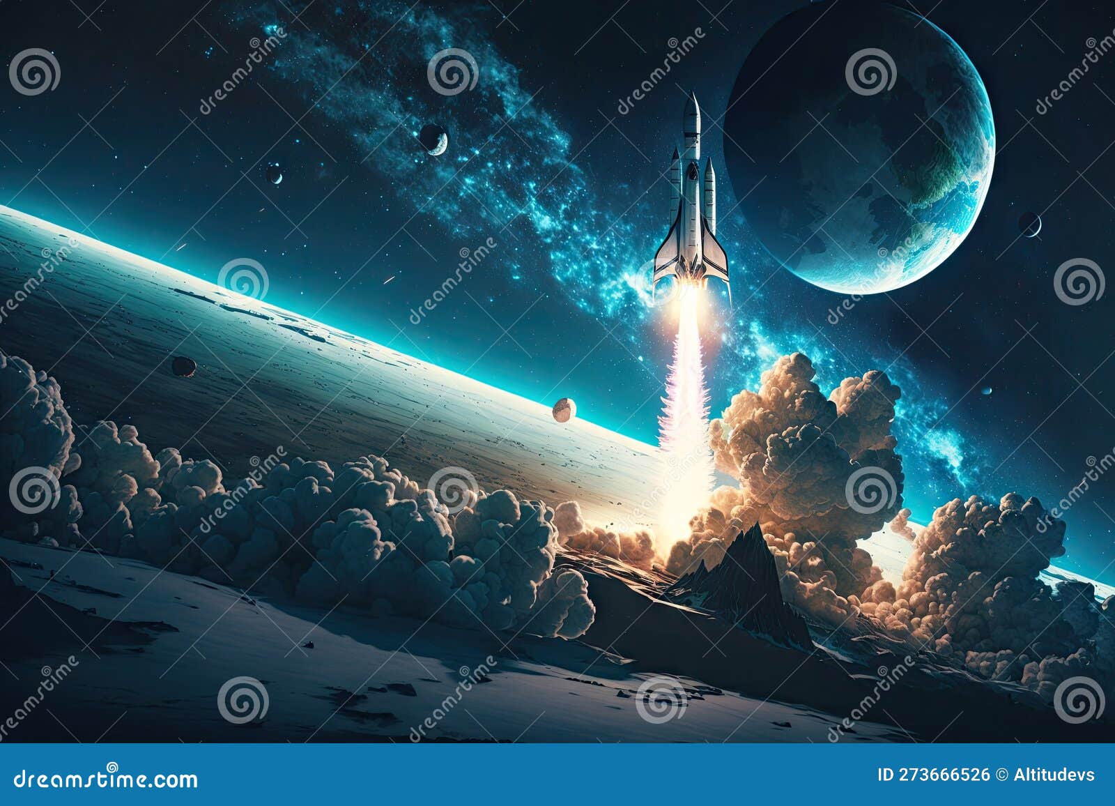 Rocket Launch, with View of the Earth and Stars in the Background Stock ...