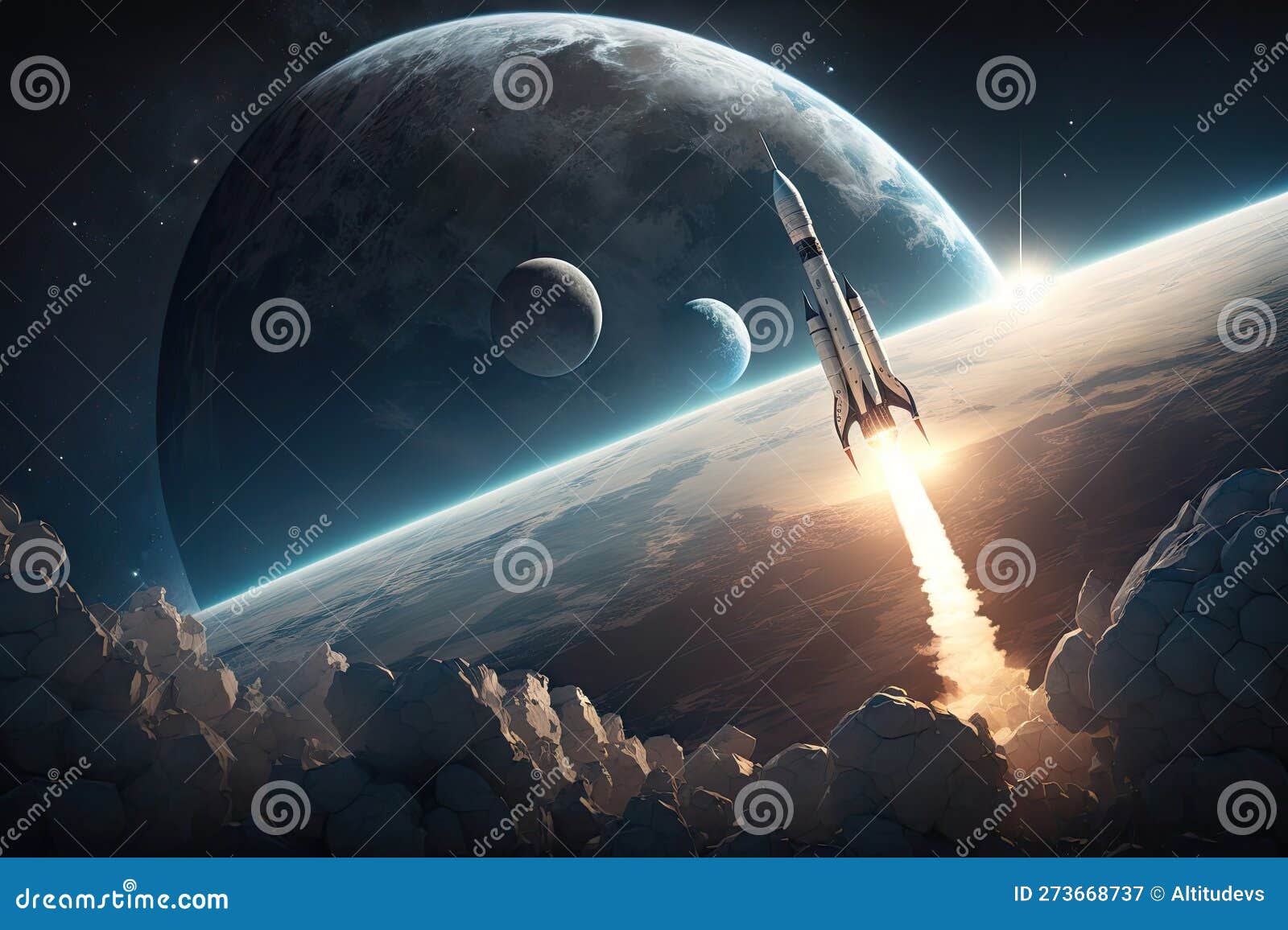 Rocket Launch, with View of the Earth and Stars in the Background Stock ...