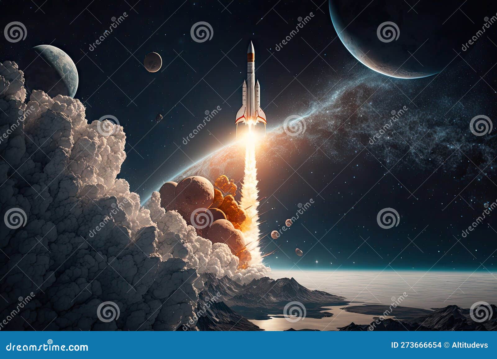 Rocket Launch, with View of Earth and Stars in the Background Stock ...