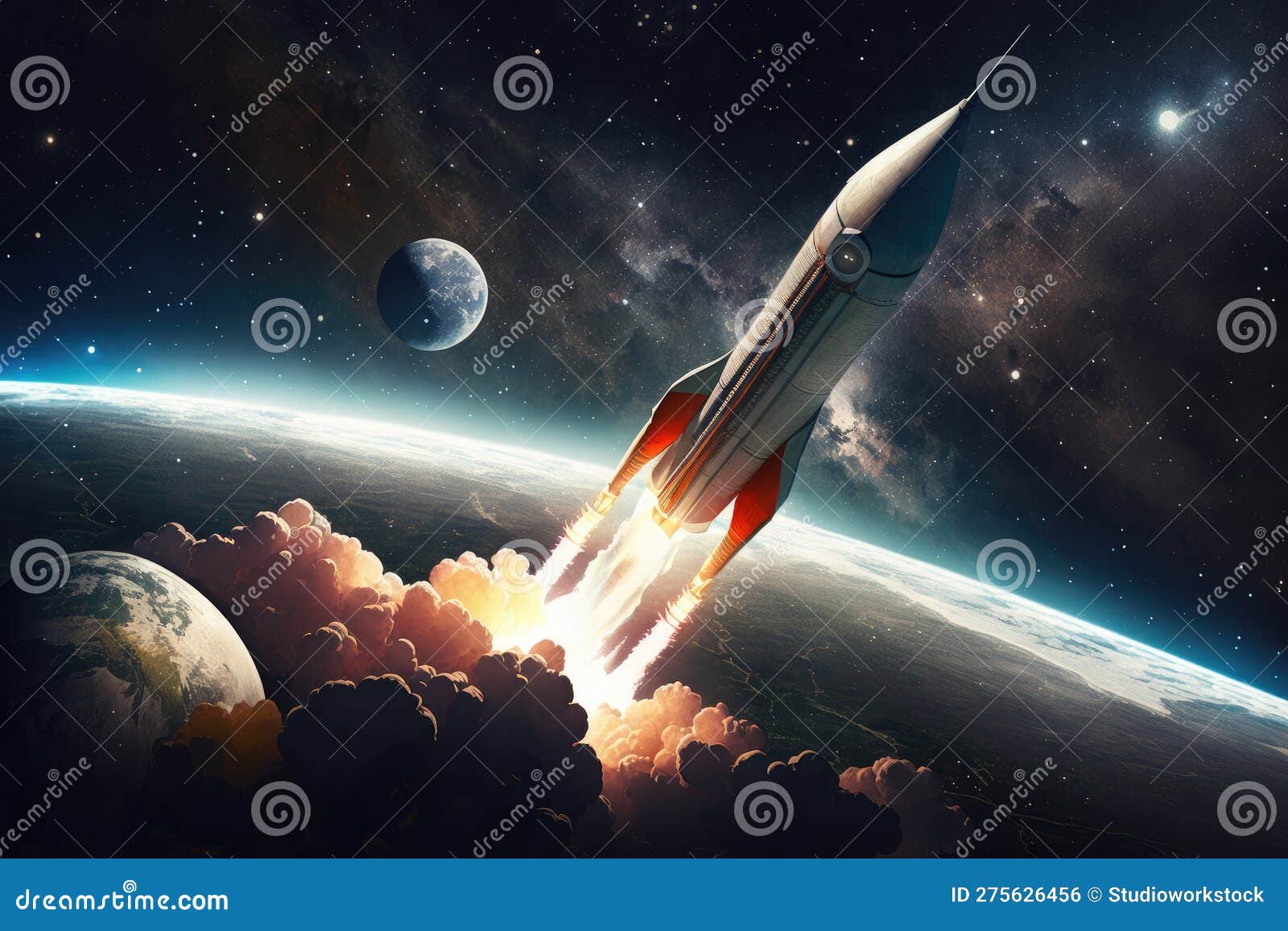 Rocket Launch, with View of the Earth and Stars in the Background Stock ...