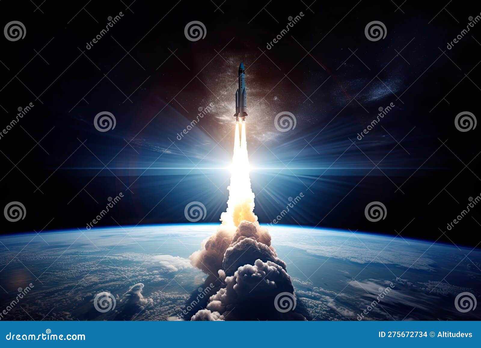 Rocket Launch, with View of Earth Visible on the Horizon, Against ...