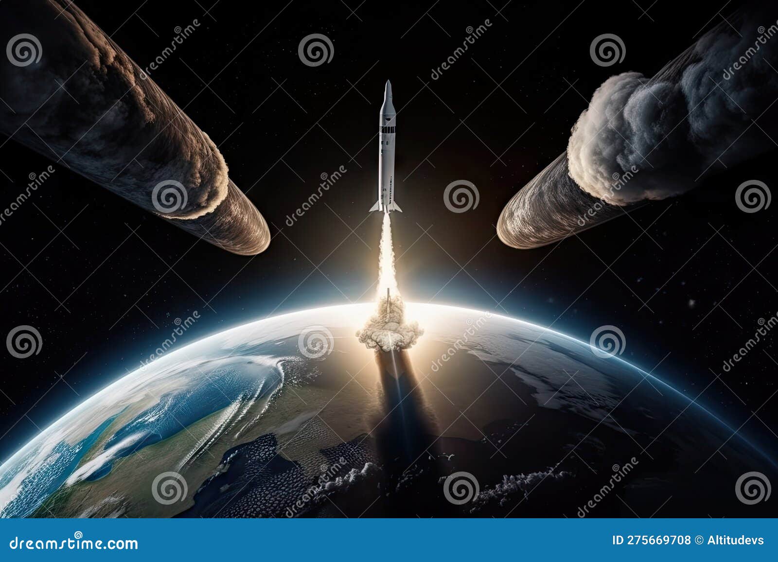 Rocket Launch, with View of the Earth Visible through the Window of the ...