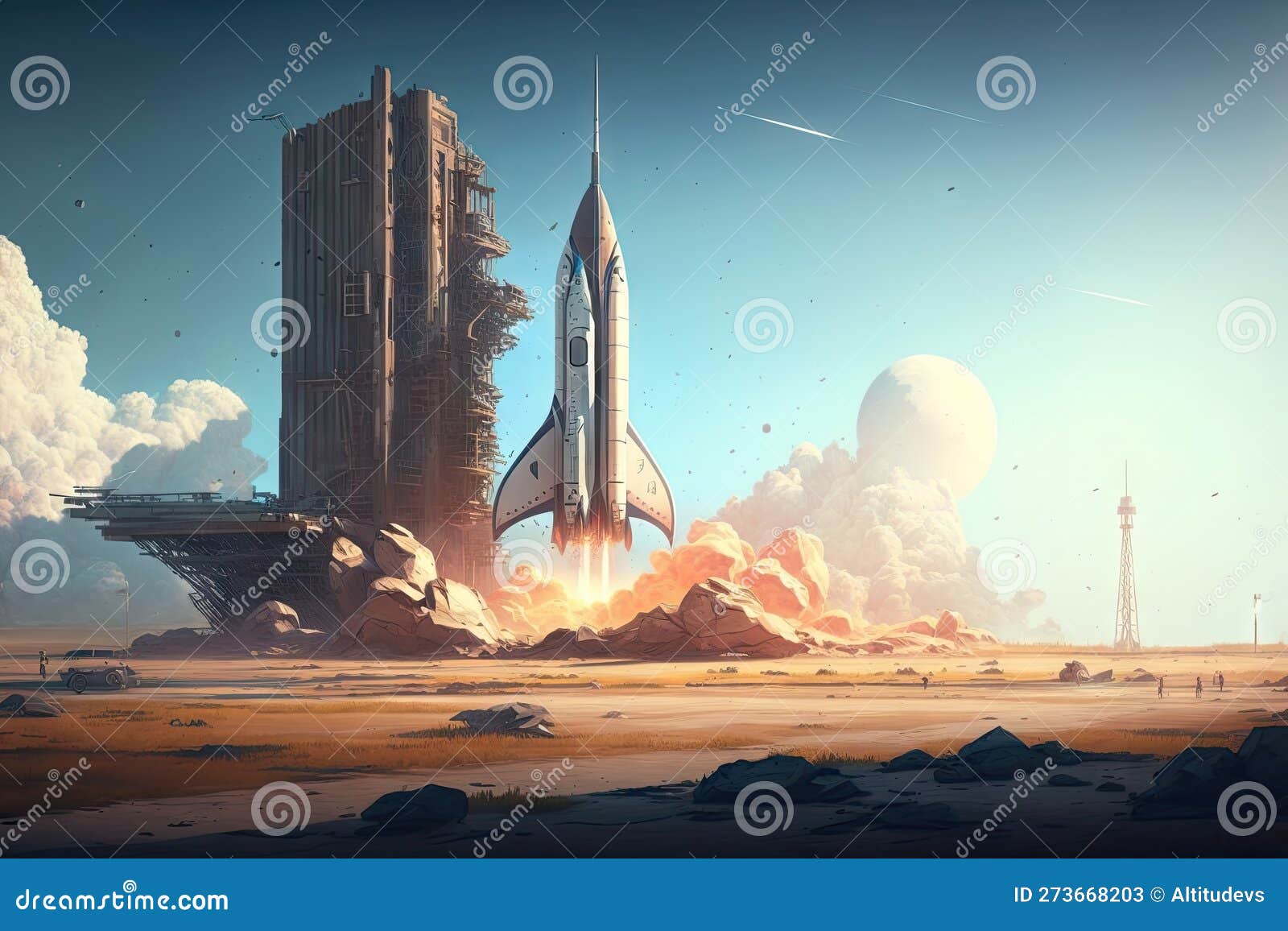 Rocket Launch, with View of the Launchpad and Surrounding Buildings in ...