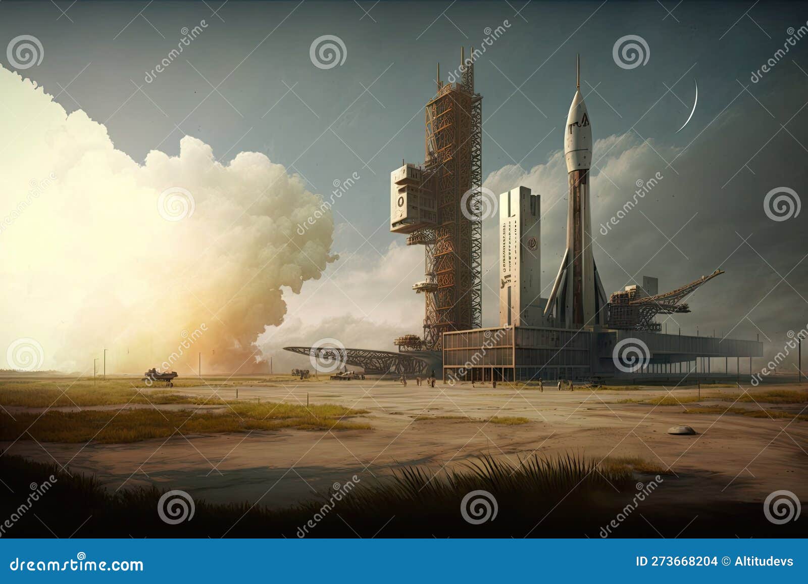 Rocket Launch, with View of the Launchpad and Surrounding Buildings in ...