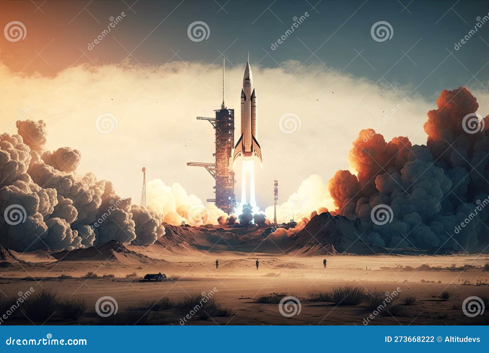 Rocket Launch, with View of the Launchpad and Surrounding Buildings in ...