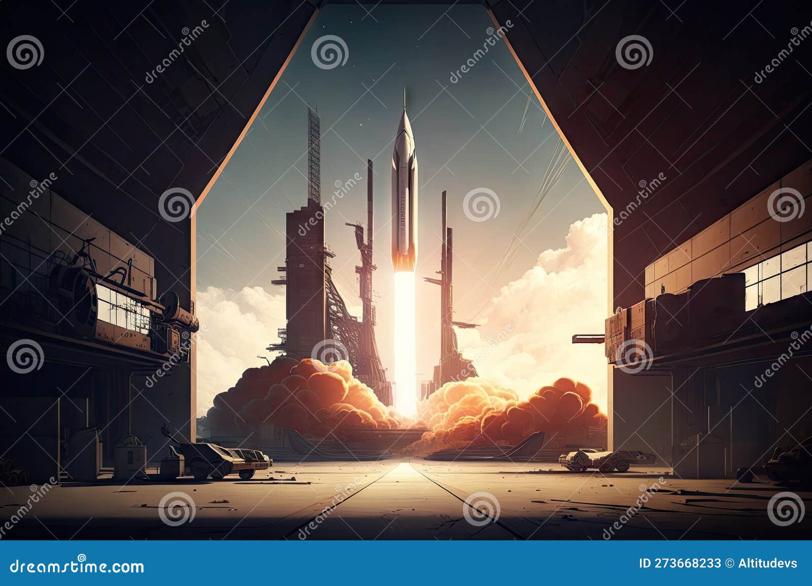 Rocket Launch, with View of the Launchpad and Surrounding Buildings in ...