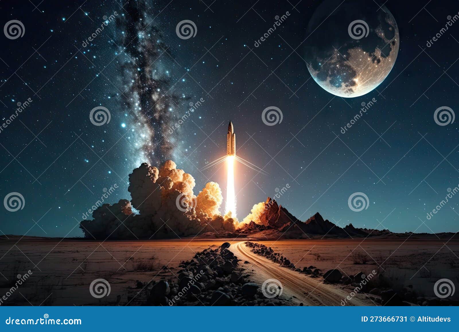 Rocket Launch with View of the Moon, Against a Starry Night Sky Stock ...