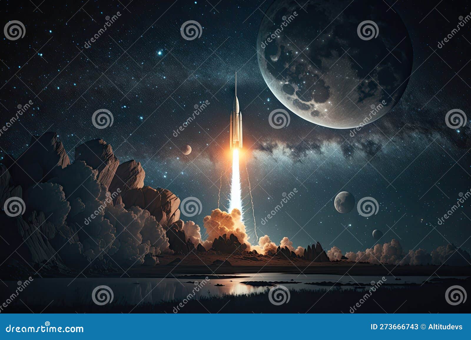 Rocket Launch with View of the Moon, Against a Starry Night Sky Stock ...