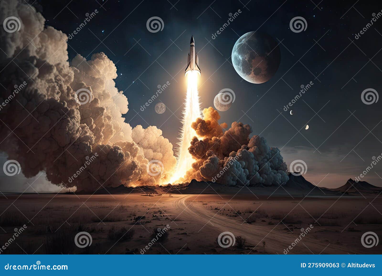 Rocket Launch, with View of the Moon in the Background Stock ...