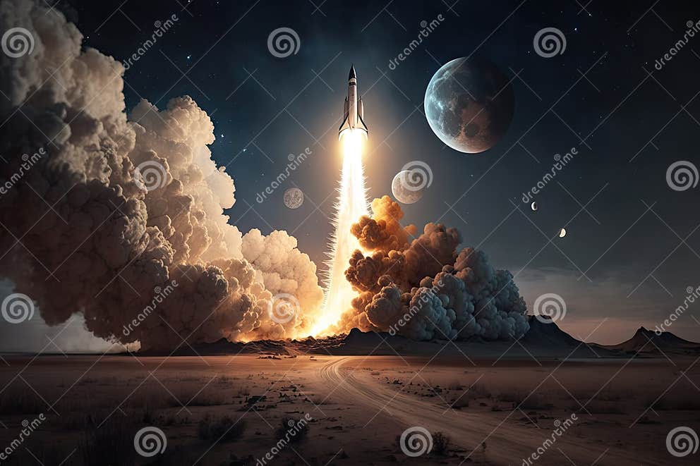 Rocket Launch, with View of the Moon in the Background Stock ...